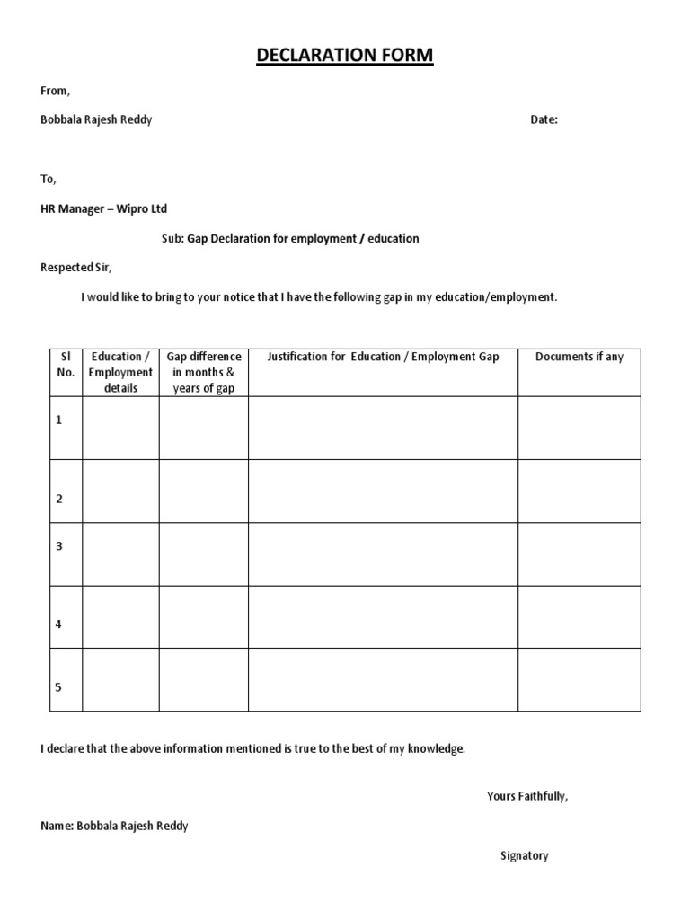 Declaration Form: HR Manager - Wipro LTD | PDF