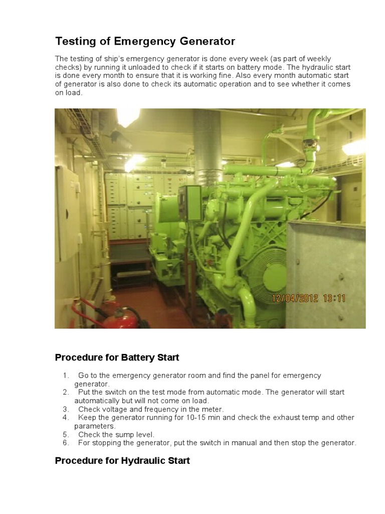 Testing of Emergency Generator: Procedure For Battery Start | PDF