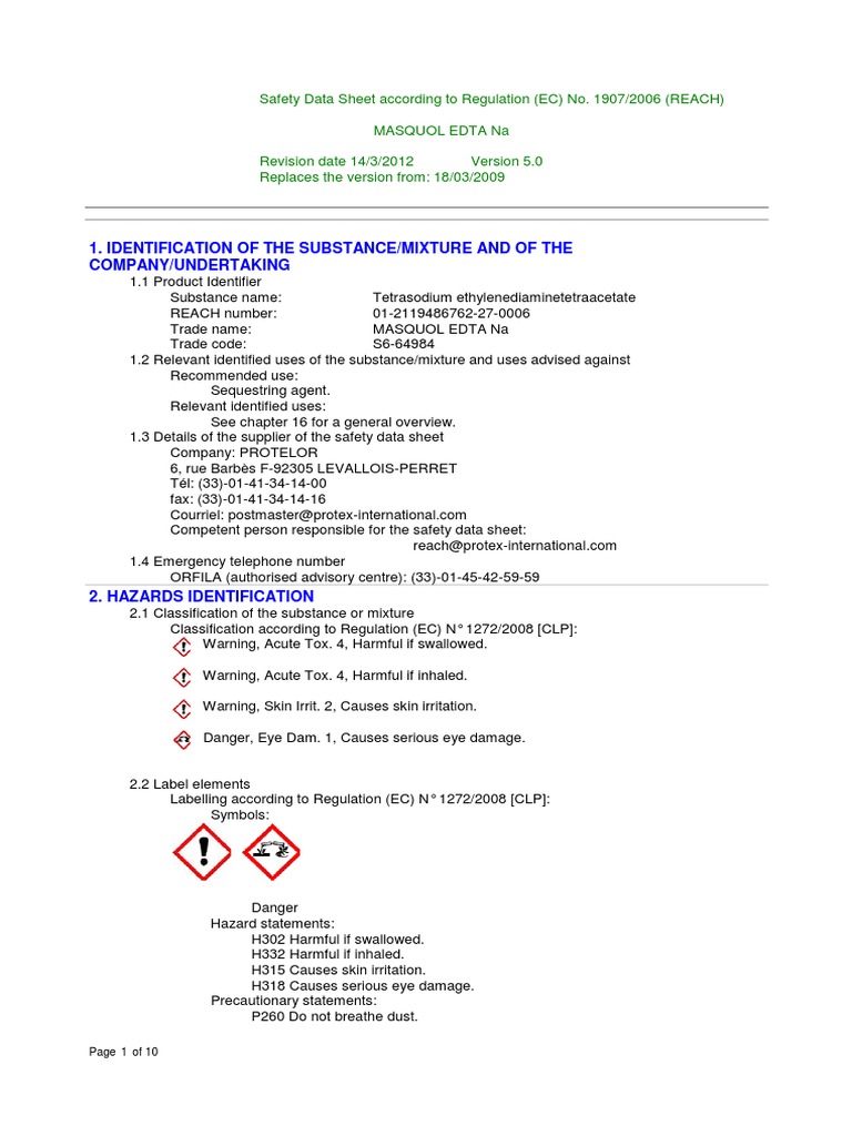 MSDS MASQUOL EDTA Na | PDF | Toxicity | Personal Protective Equipment
