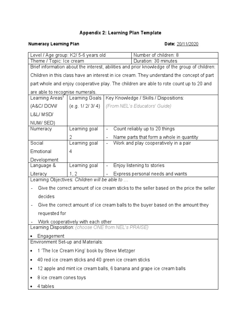 fp2 Numeracy Lesson Plan | Download Free PDF | Ice Cream | Learning