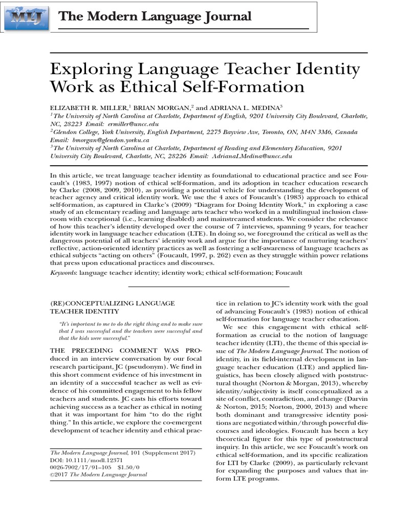 Exploring Language Teacher Identity Work As Ethical Self-Formation ...