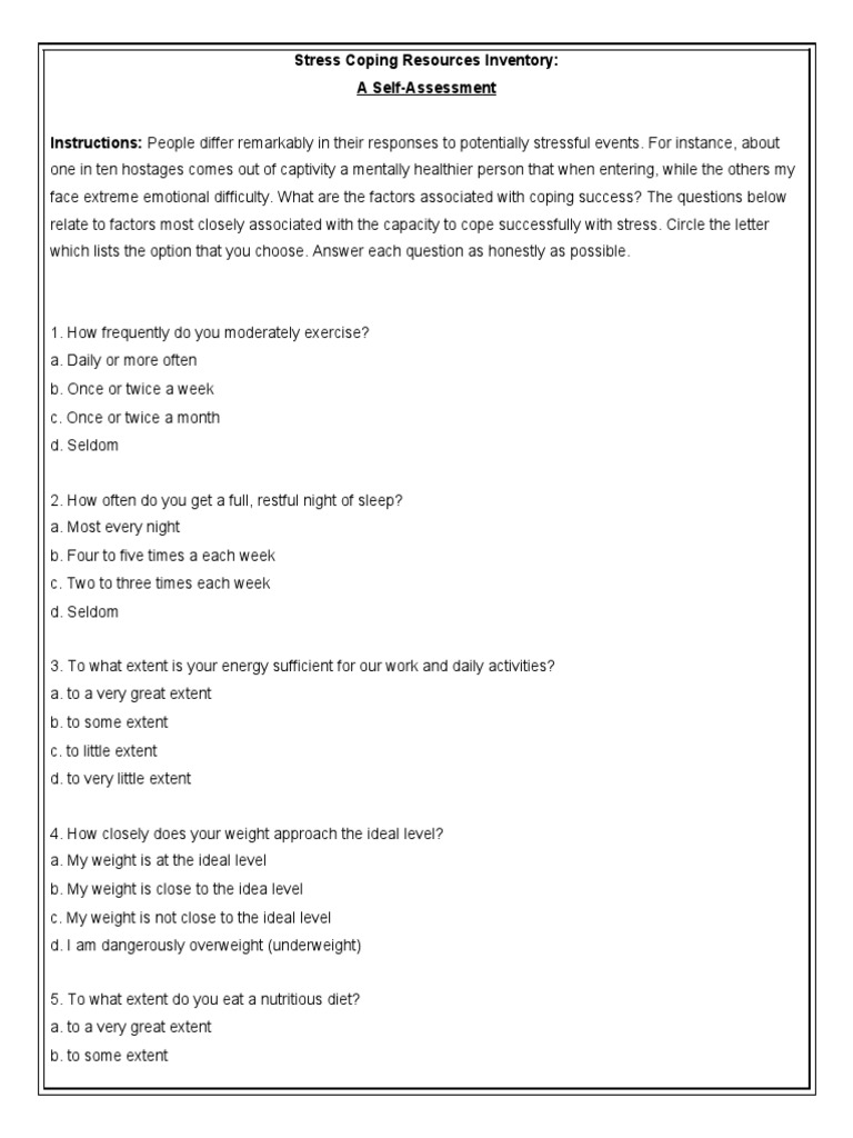 Stress Coping Resources Inventory: A Self-Assessment | PDF | Emotions ...