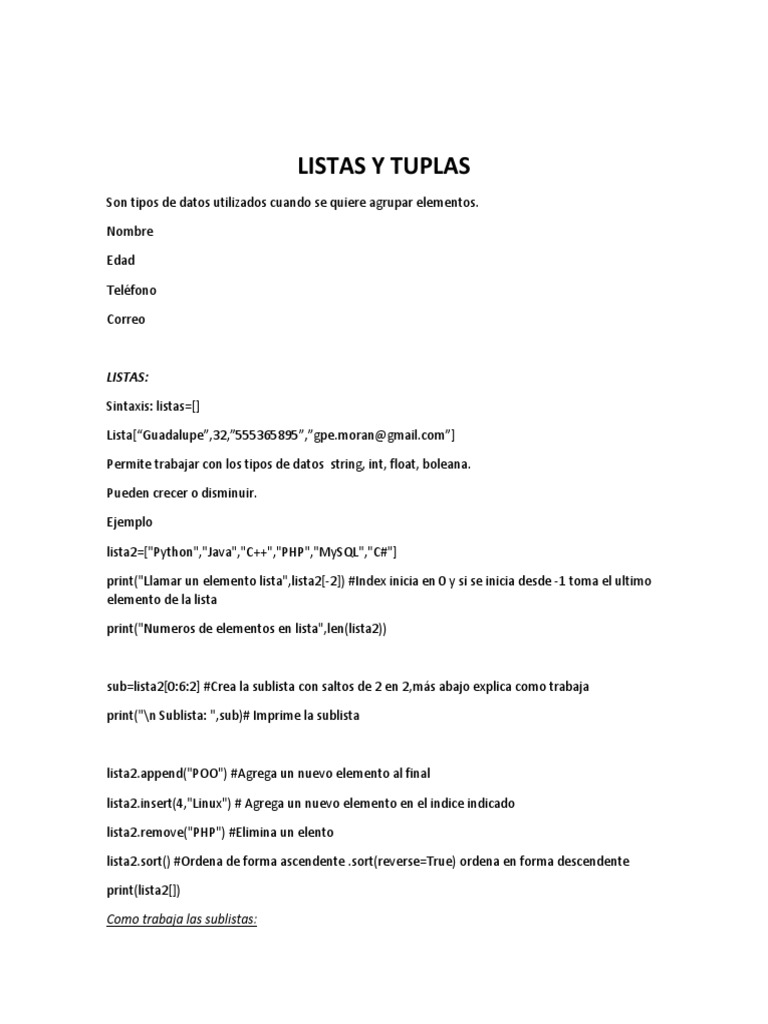 Listas y Tuplas | PDF | Python (lenguaje de programación) | Modelos de computación