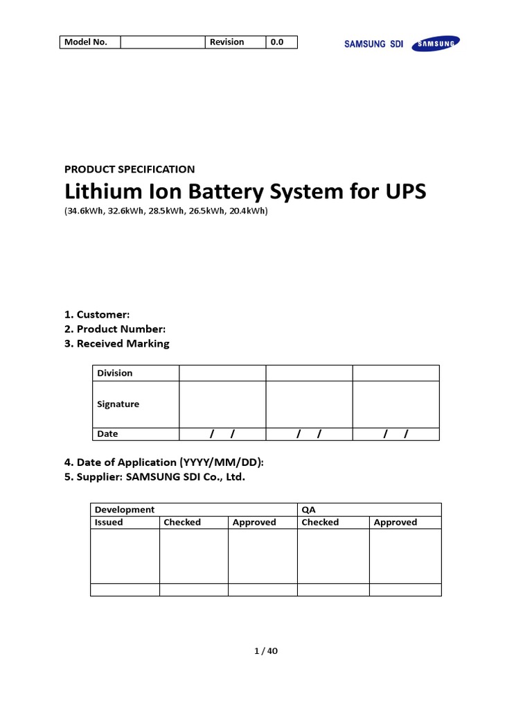 SAMSUNG LIB Battery System For UPS Product Specification 136S 128S ...