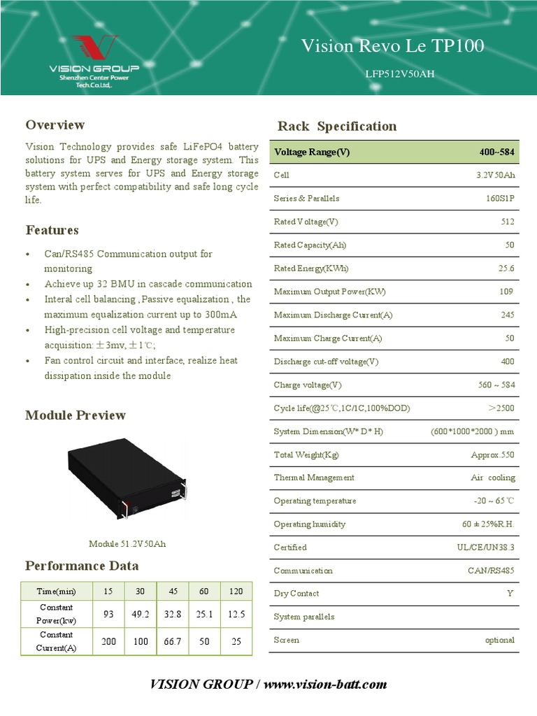 Vision Revo Le TP100 (512V 50AH) | PDF | Energy Storage | Humidity