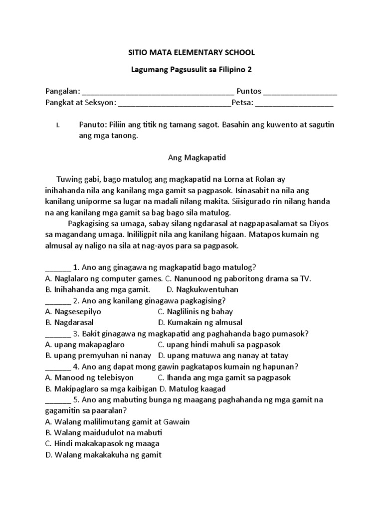 Lagumang Pagsusulit Sa Filipino Week 2 | PDF