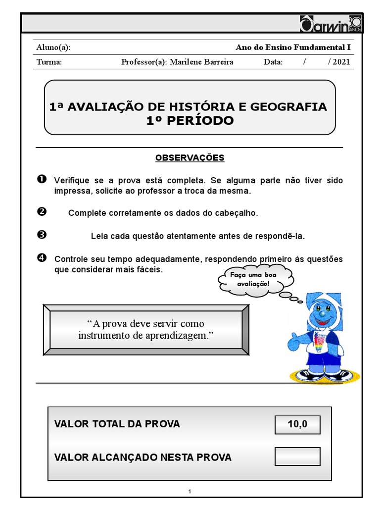 Avaliação de História e Geografia 1º Ano | PDF | Science | Ciência (geral)