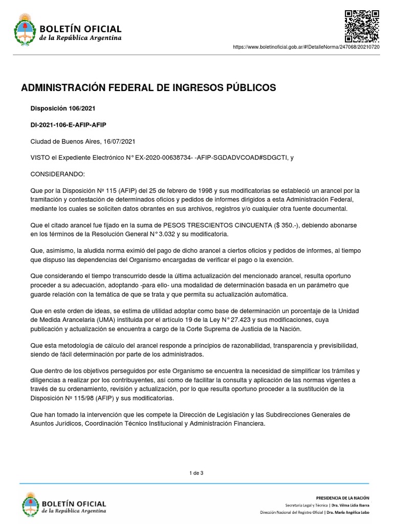 Disposicion 106-2021 AFIP Procedimiento Oficios | PDF | Justicia | Crimen y violencia