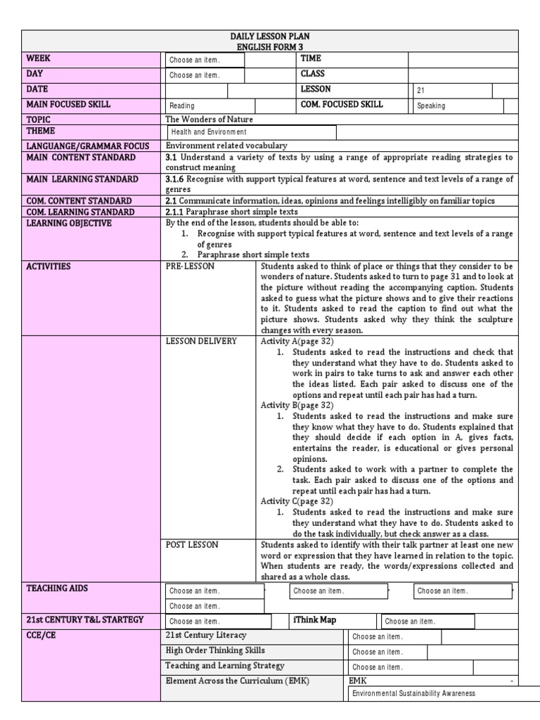 Wonders of Nature Lesson Plan | PDF | Perfect (Grammar) | Lesson Plan