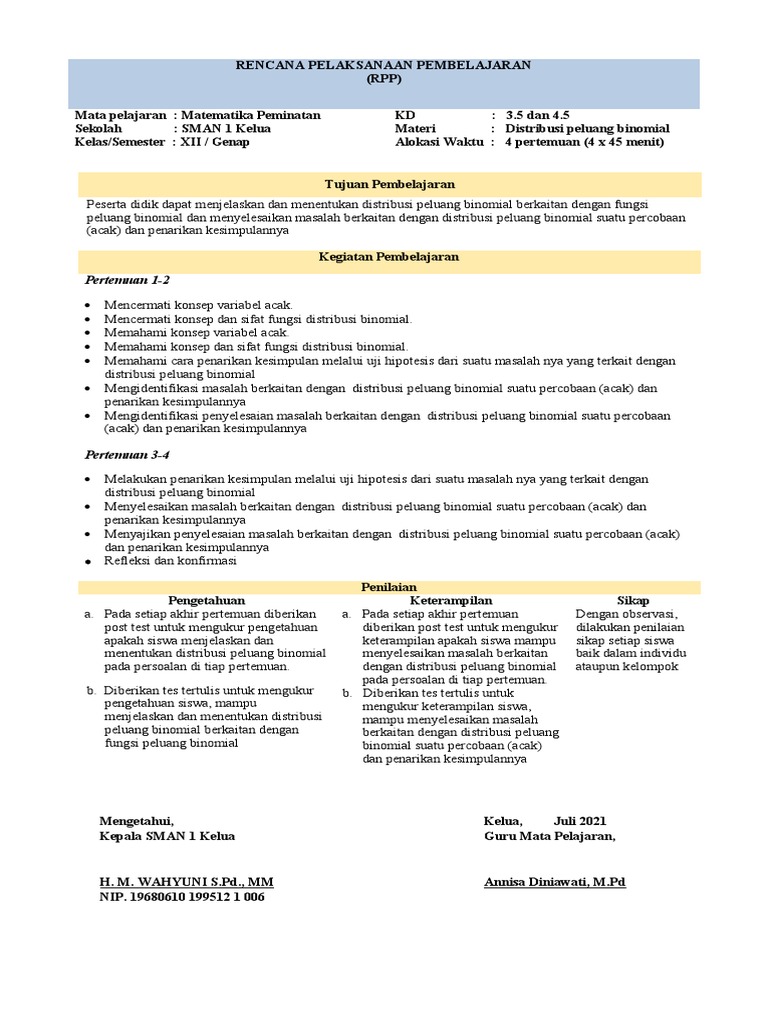 RPP Distribusi Peluang Binomial | PDF | Karier & Perkembangan | Kesehatan Holistik
