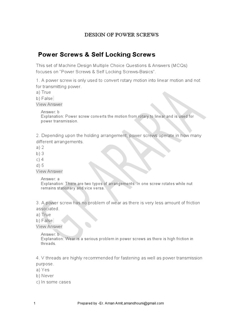 Design-Of-Power-Screws MCQ | Download Free PDF | Friction | Rotation ...