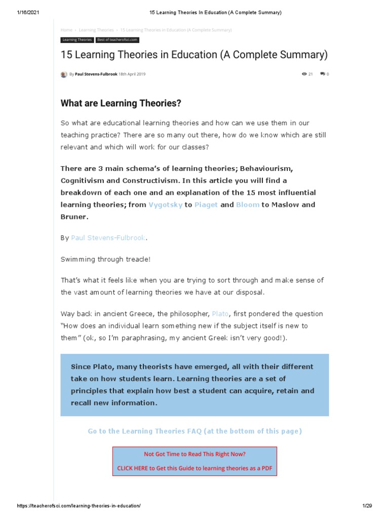 15 Learning Theories In Education A Complete Summary Pdf