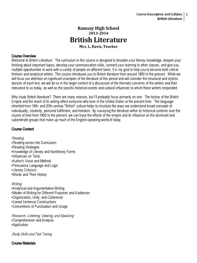 British Literature Syllabus | PDF | Curriculum | Grammar