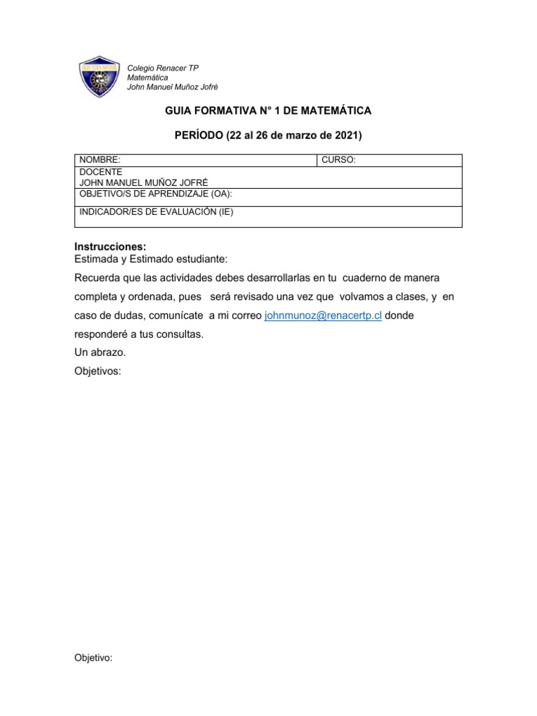 Guía #1 (Orden y Comparacion de Numeros Enteros) 1º Medio | PDF ...