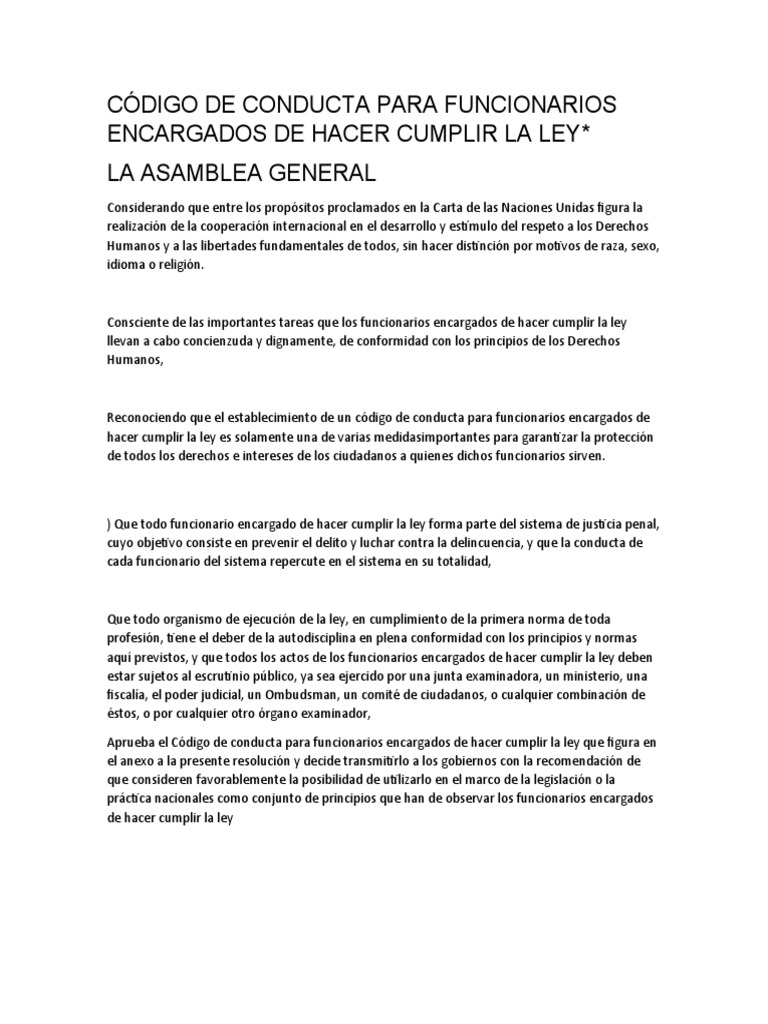 Código de Conducta para Funcionarios Encargados de Hacer Cumplir La Ley | PDF | Corrupción ...