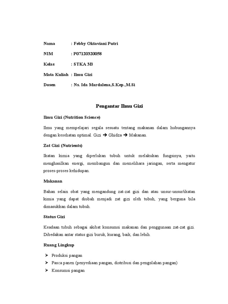 Resume Ilmu Gizi - Febby Oktaviani Putri - P07120320058 | PDF