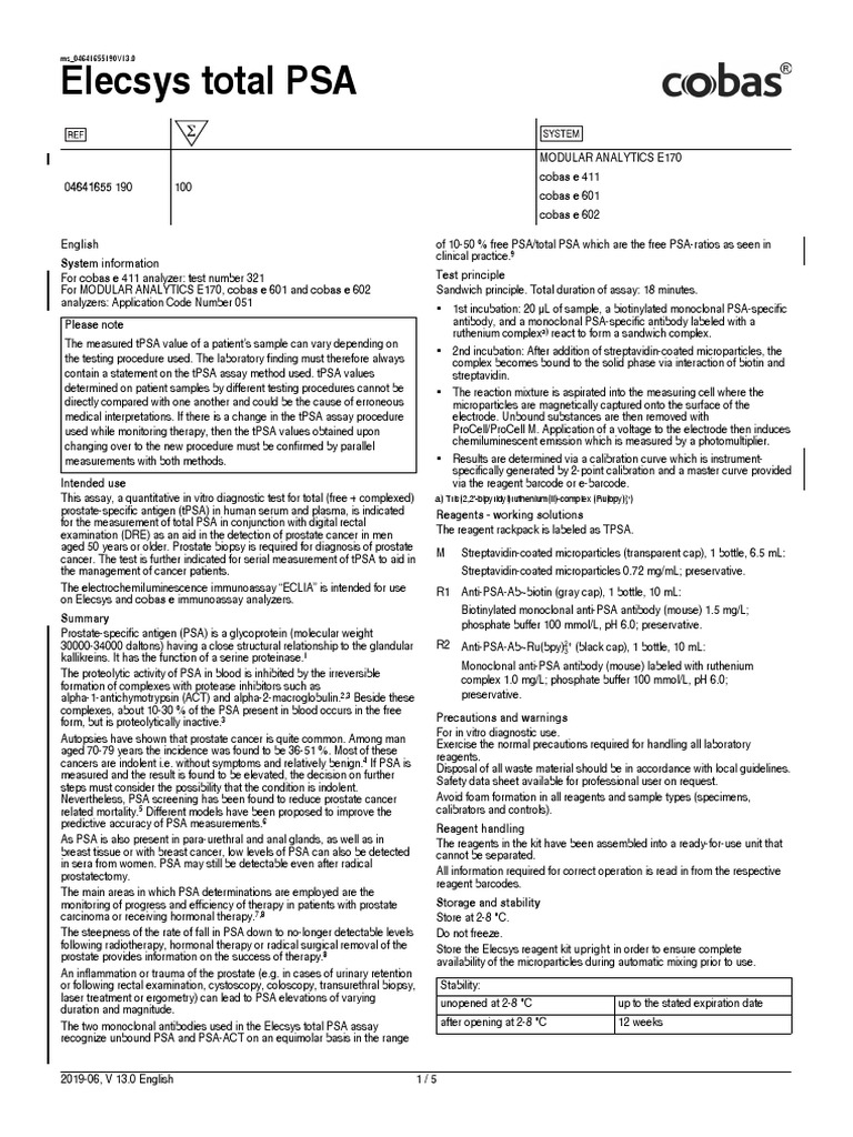 Insert - Elecsys Total PSA - Ms - 04641655190.V13.En | PDF | Detection ...