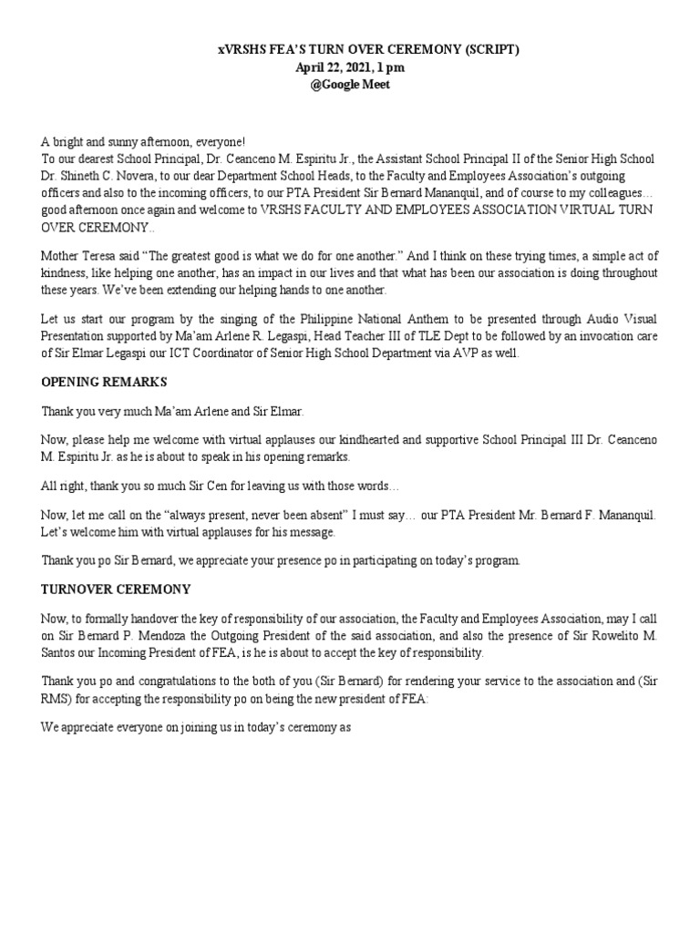Turnover Ceremony Script | PDF