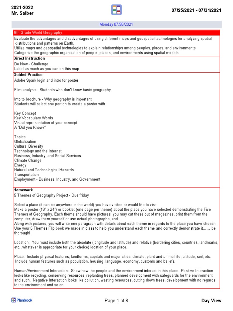 8th Grade World Geography Lesson Plans Week 1 | PDF | Geography | Map