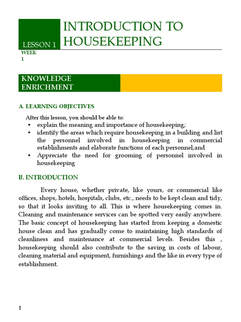 Housekeeping Lesson 1 | PDF | Housekeeping | Room