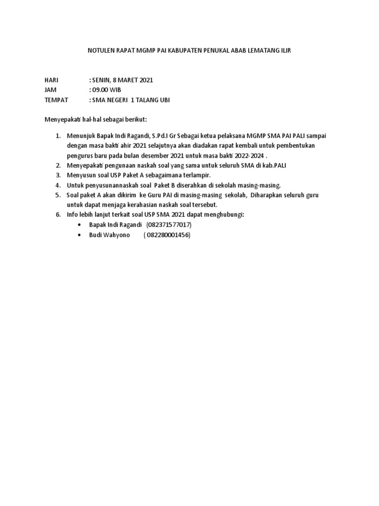 Notulen Rapat MGMP Pai Kabupaten Penukal Abab Lematang Ilir | PDF