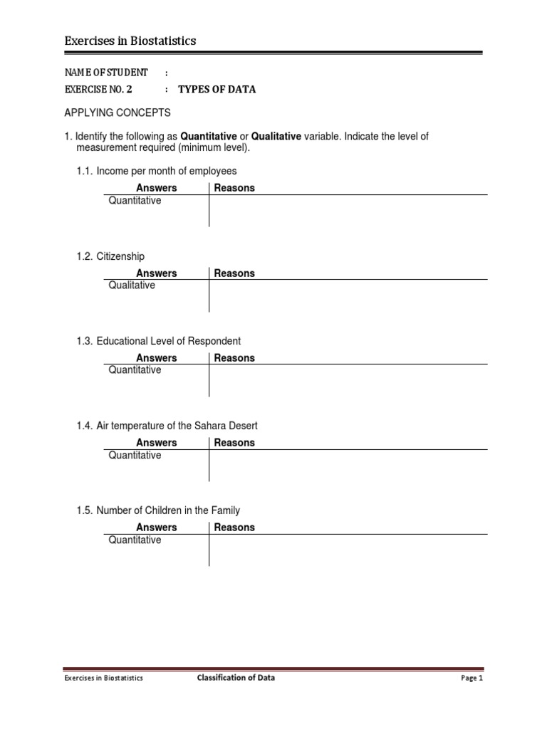 Exercises in Biostatistics: 2 Types of Data | PDF | Business ...