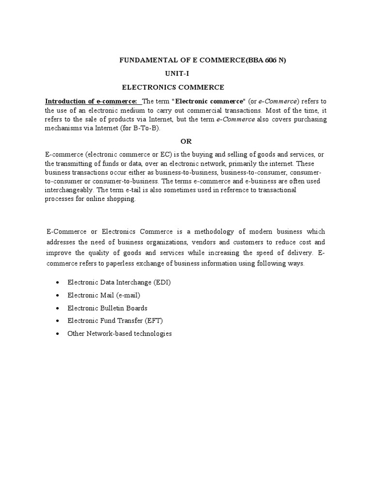 E COMMERCE Notes 1 and 2 (BBA) | PDF | Internet Access | Network Switch