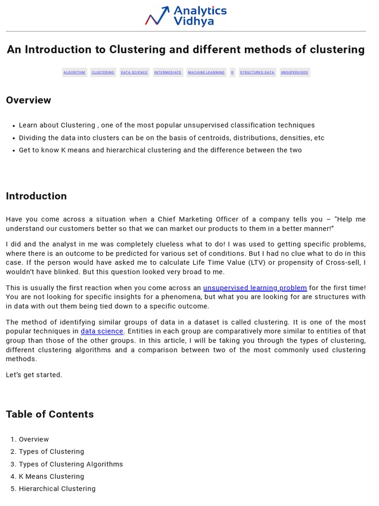 An Introduction To Clustering and Different Methods of Clustering | PDF | Cluster Analysis ...
