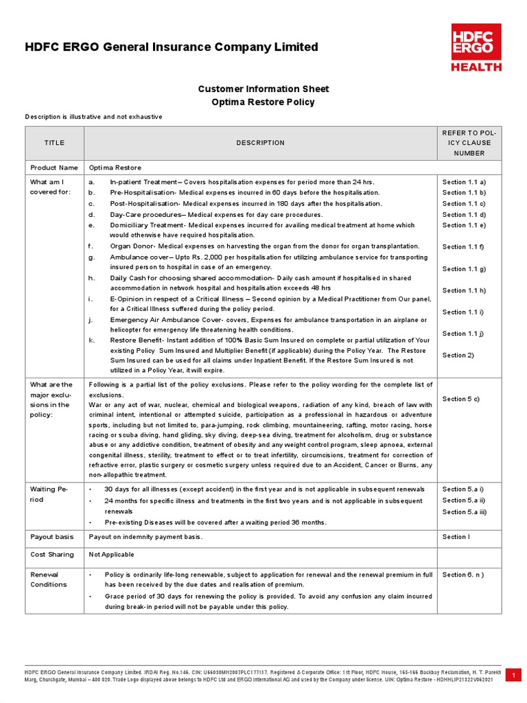 HDFC Ergo Optima Restore Policy Overview | PDF | Insurance | Hospital