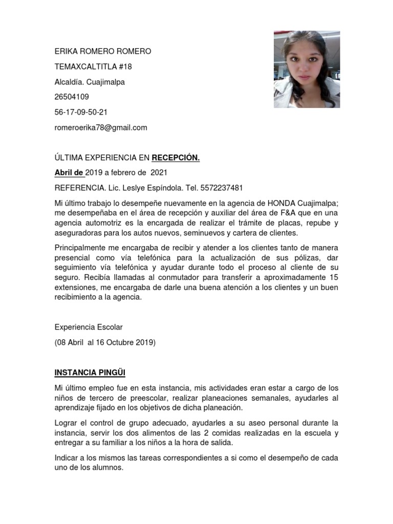 CV Erika Romero Romero | PDF | Servicio al Cliente | Seguro