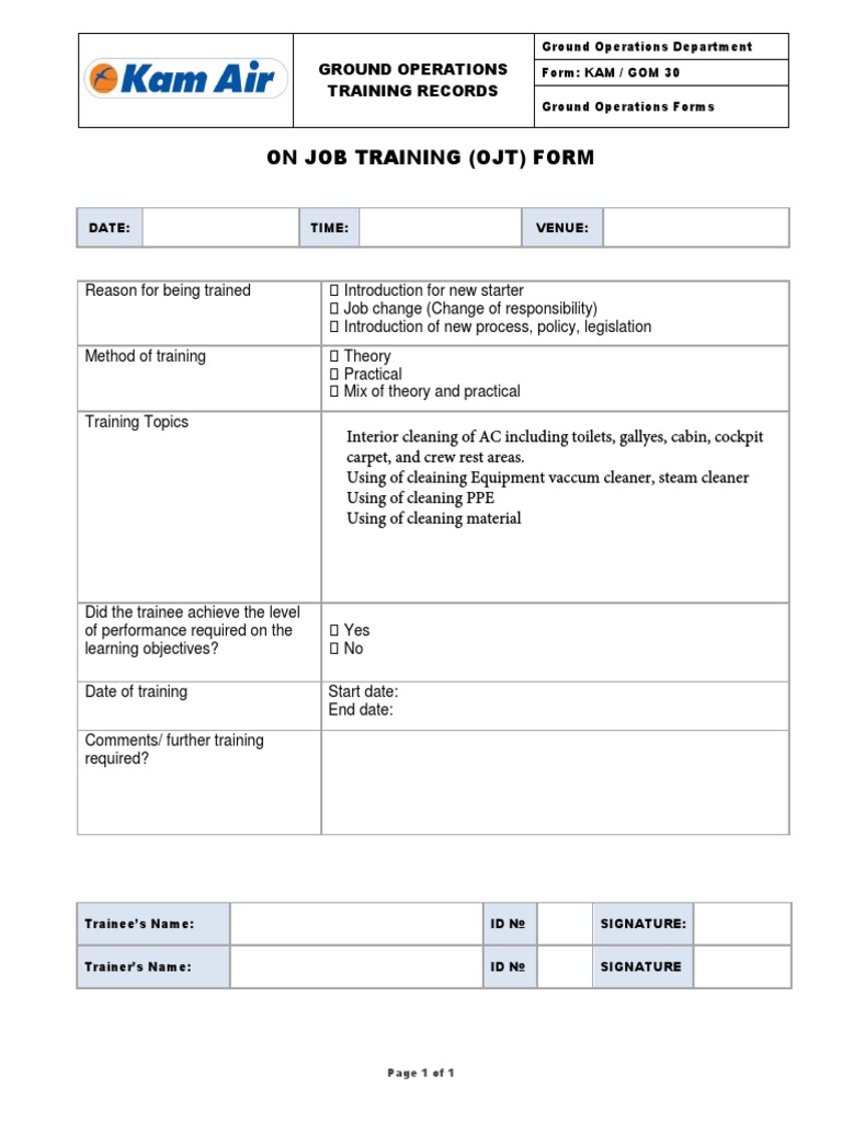 On Job Training (Ojt) Form: Ground Operations Training Records | PDF