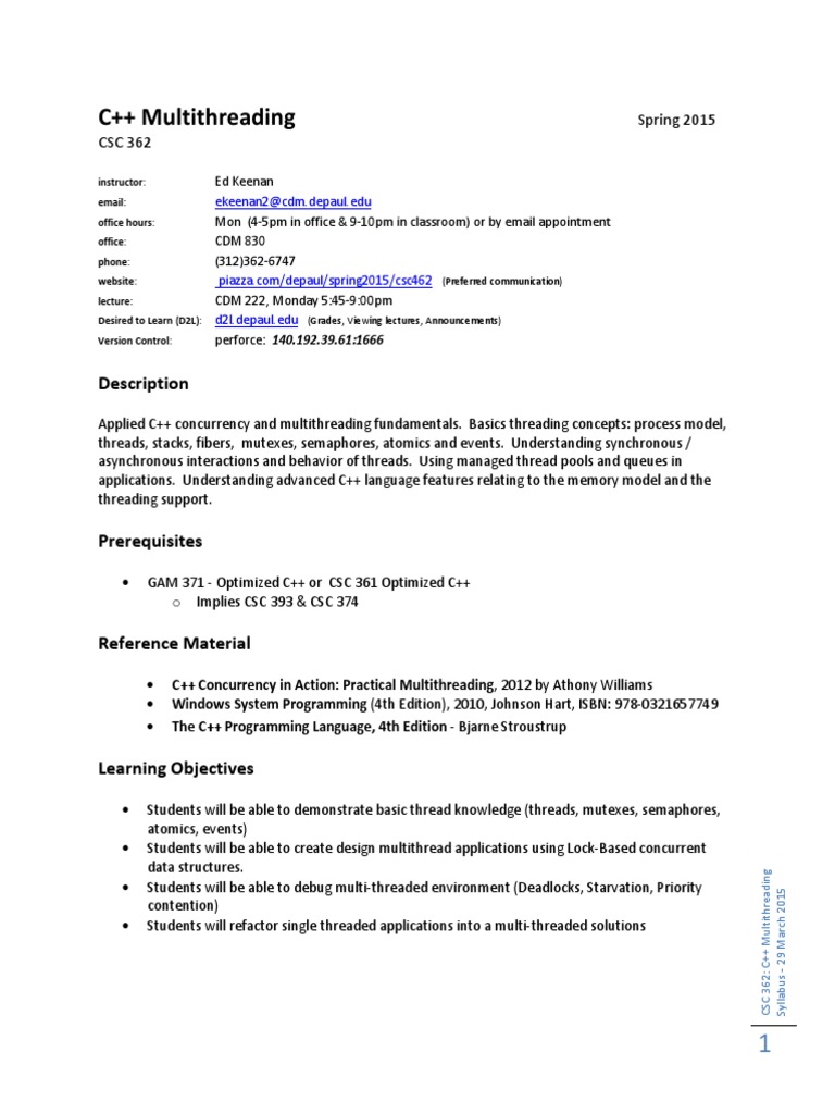 Csc 362 Multithreading C 2015 Pdf Thread Computing Concurrency Computer Science