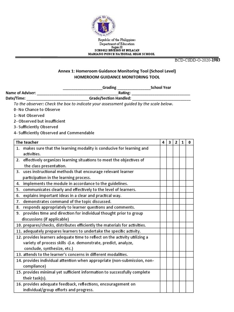 Annex 1: Homeroom Guidance Monitoring Tool (School Level) Homeroom ...