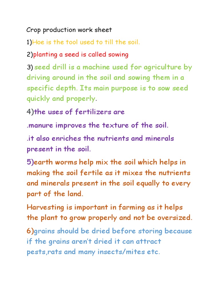 Crop Production Work Sheet | PDF