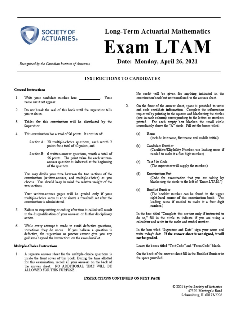 Exam LTAM: Long-Term Actuarial Mathematics | PDF | Pension | Life Insurance