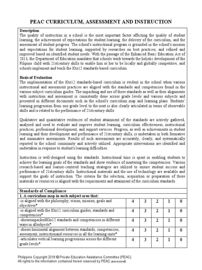 Peac Curriculum, Assessment and Instruction: Description | PDF ...