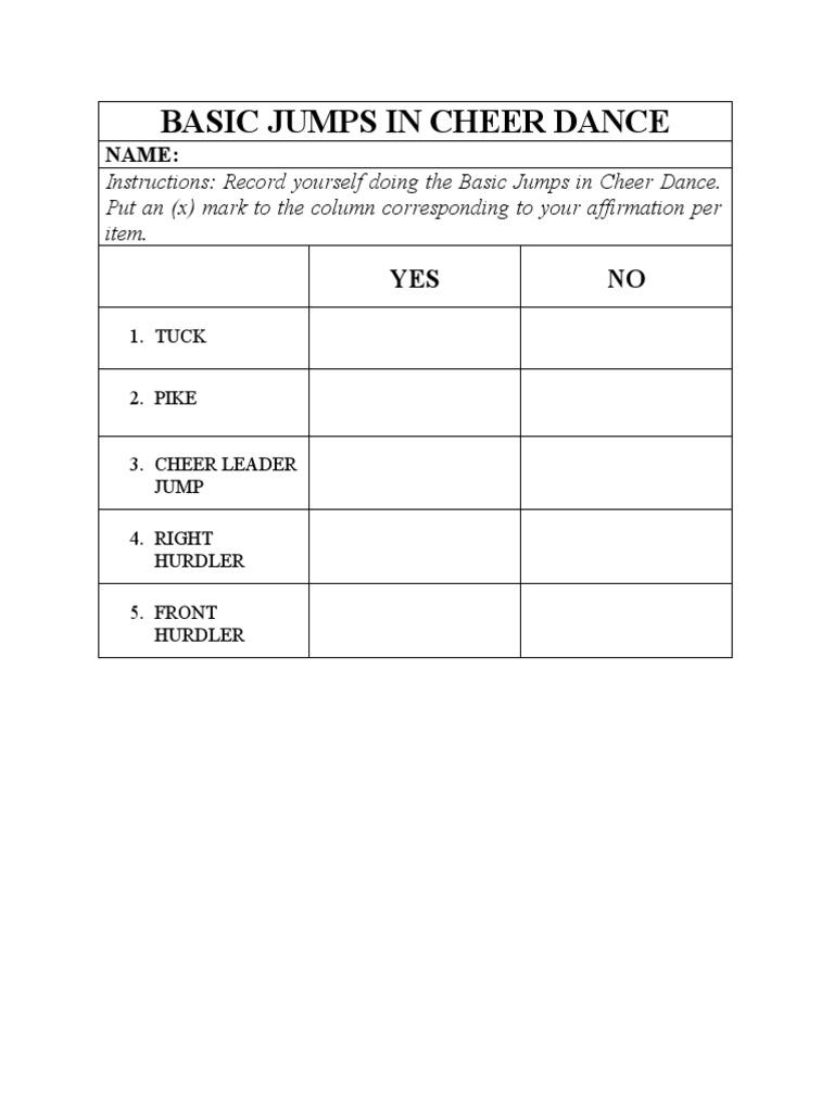 Basic Cheer Jumps Checklist | PDF | Language Arts & Discipline