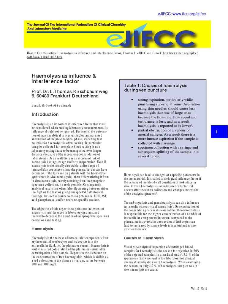 Haemolysis As Influence & Interference Factor | PDF | Blood Plasma ...