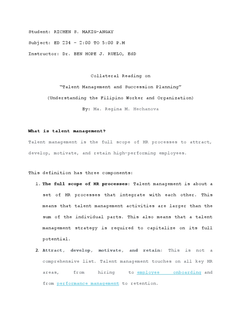 Collateral Reading On Talent Management by Richen Makig-Angay | PDF ...