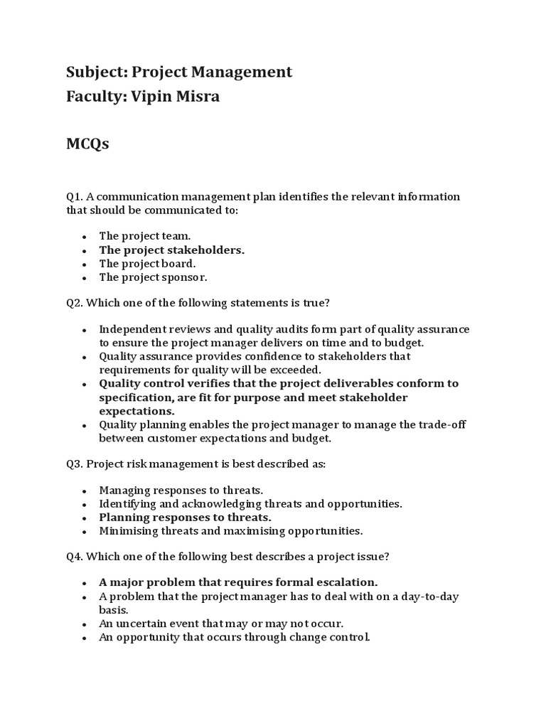 Project Management MCQs Overview | PDF | Project Management | Risk
