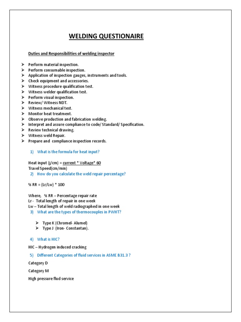 Welding Questionaire: Duties and Responsibilities of Welding Inspector ...