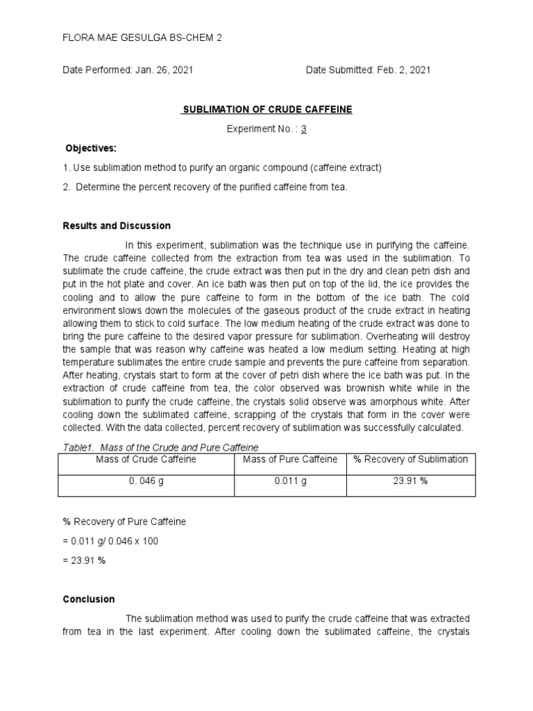 Sublimation of Crude Caffeine | PDF | Melting Point | Solid