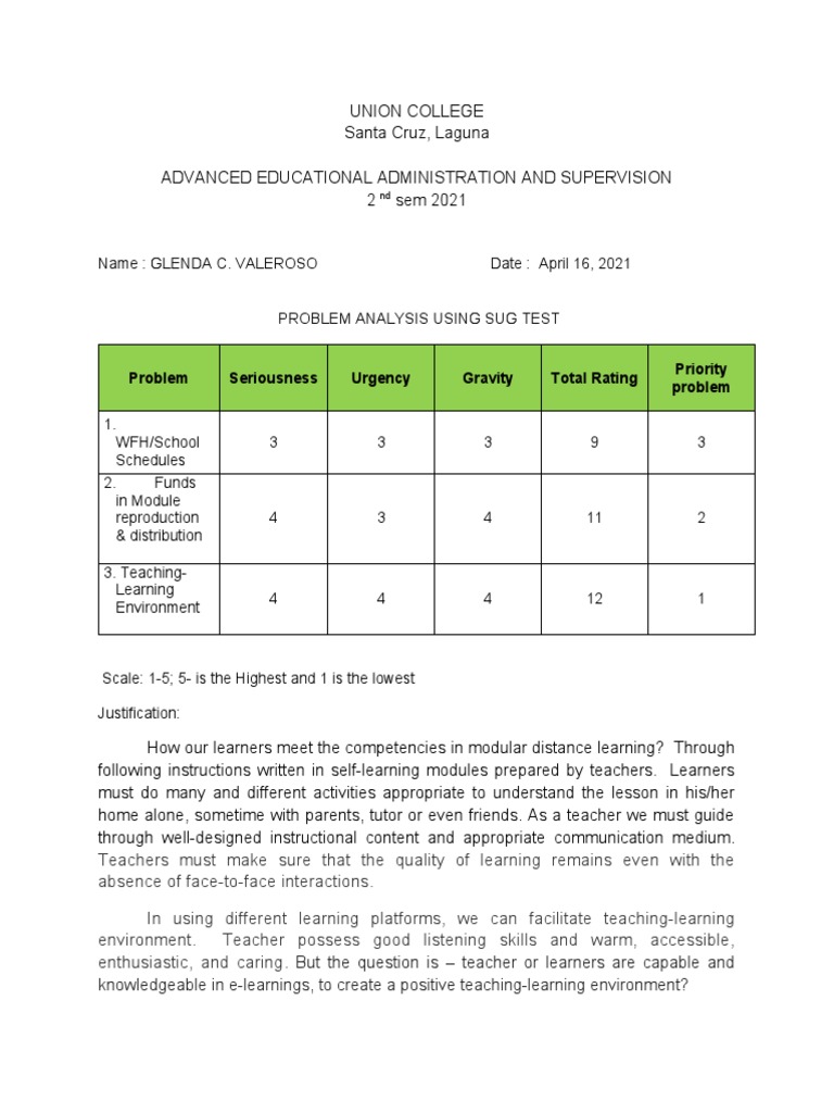 Problem Seriousness Urgency Gravity Total Rating Priority Problem | PDF