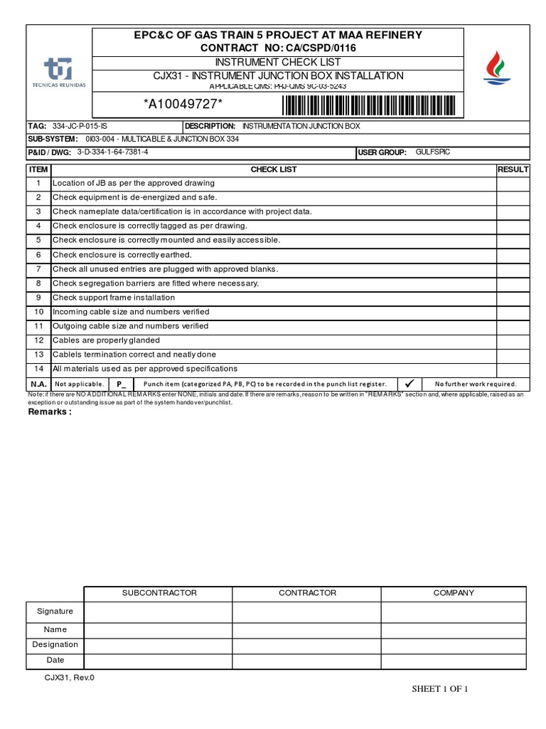 Epc&C of Gas Train 5 Project at Maa Refinery: Instrument Check List ...