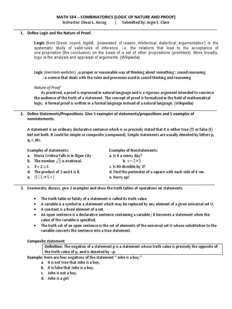 Combinatorics: Logic and Proofs Guide | PDF | Argument | Logical Consequence