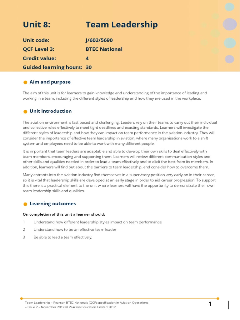Unit 8: Team Leadership: Unit Code: J/602/5690 QCF Level 3: BTEC ...