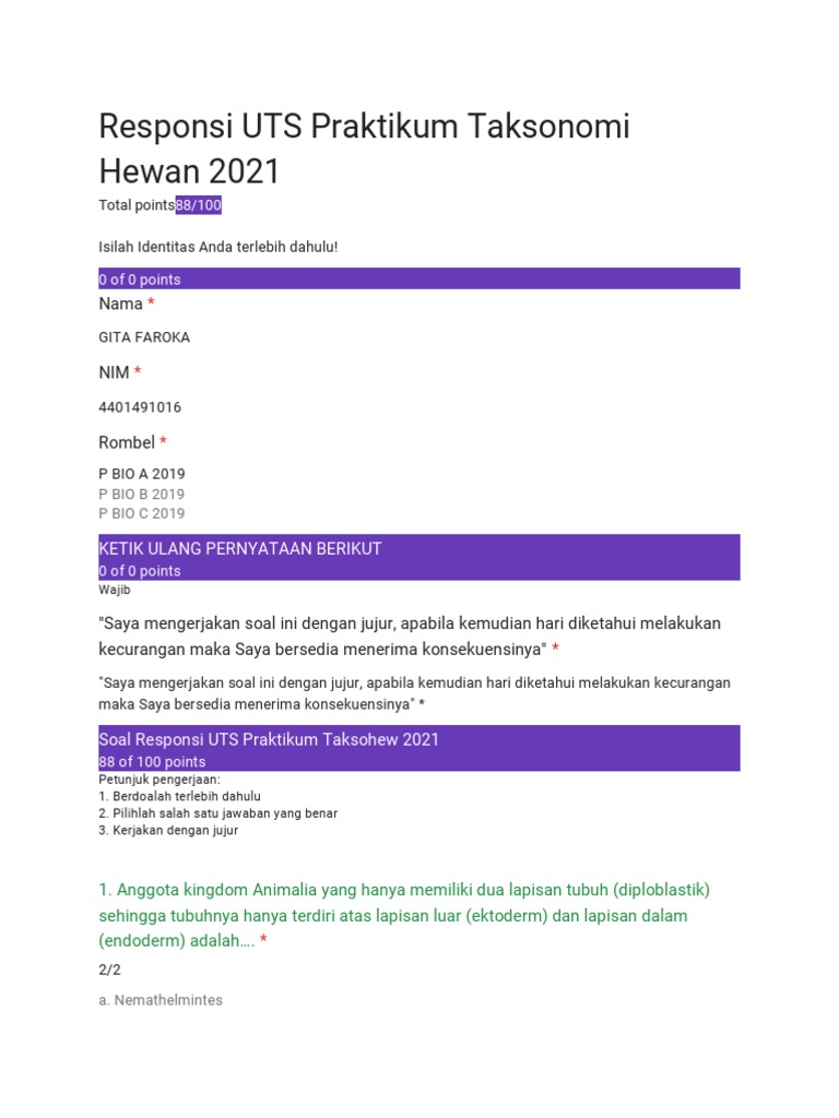 Responsi UTS Praktikum Taksonomi Hewan 2021 | PDF