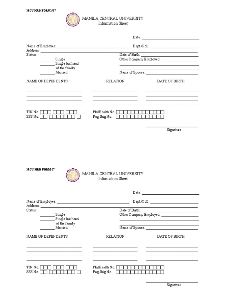 MCU HRD FORM 07 - Information Sheet | PDF | Philippines | Government ...
