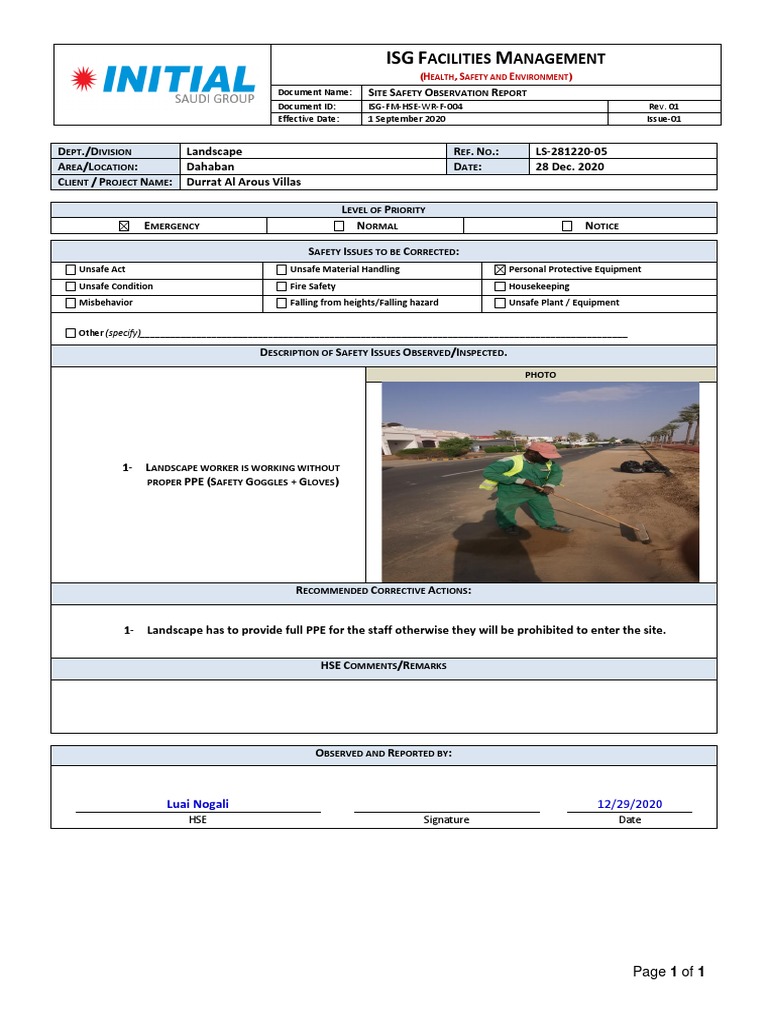 Site Safety Observation Report - Dahaban | PDF | Personal Protective ...