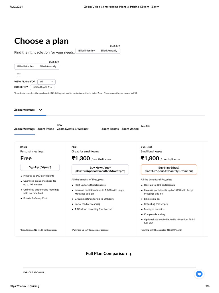 Zoom Video Conferencing Plans & Pricing - Zoom - Zoom | PDF | Web ...